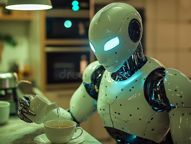 Robot Pours Tea in a Cup, a Glimpse into the Future. Stock Illustration ...