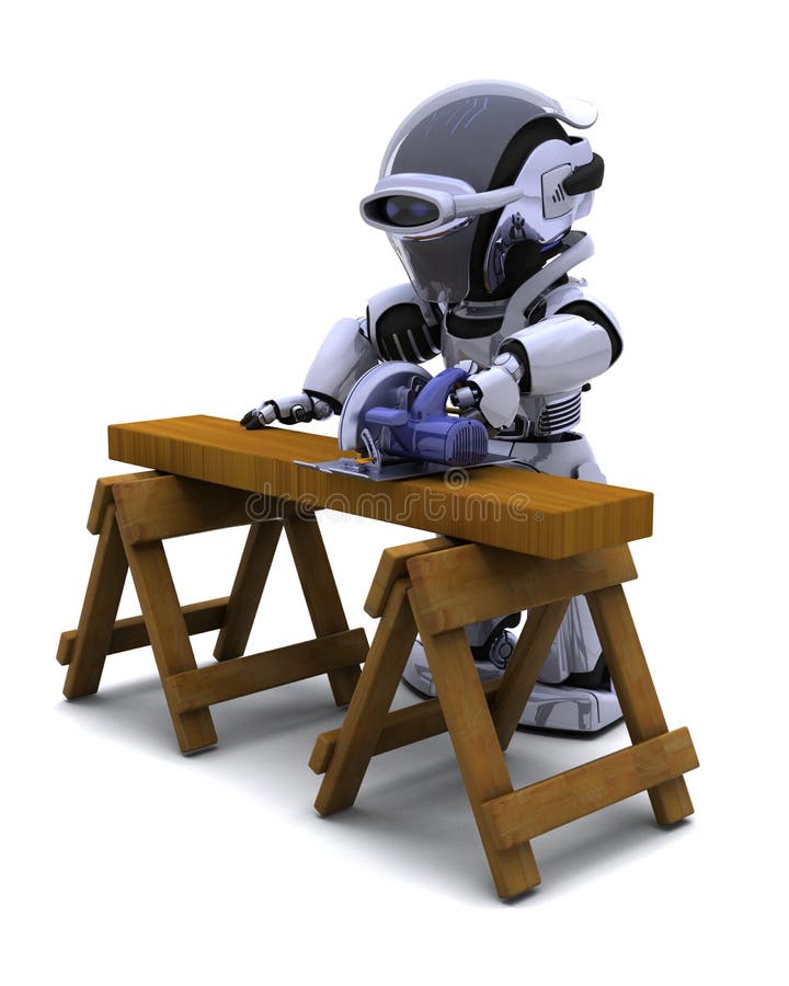 Robot with Power Saw Cutting Wood Stock Illustration - Illustration of ...