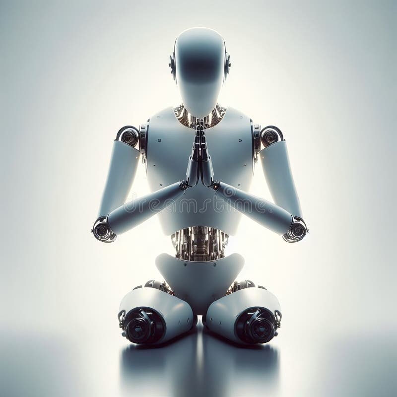 Robot Praying To God on a White Background with Copy Space for Text. a ...