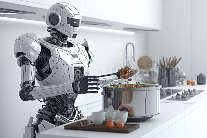 The Robot Prepares Food in a Modern Bright Kitchen. Assistant Robot ...