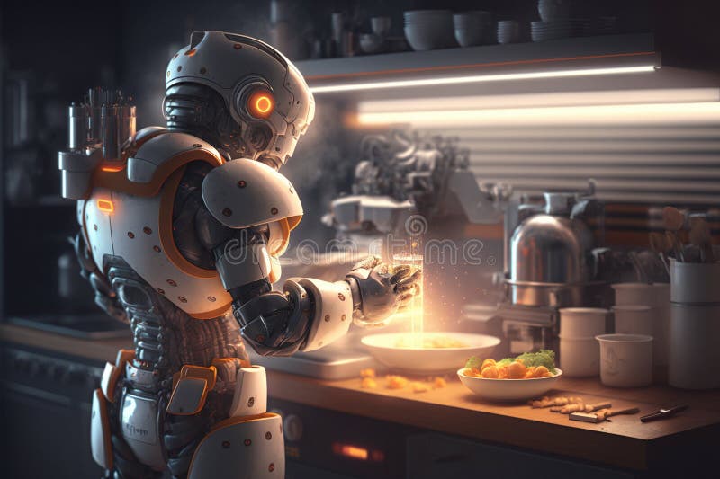 The Robot Prepares Food in a Modern Bright Kitchen. Assistant Robot ...