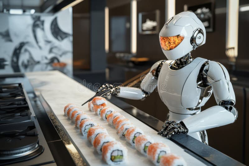 Robot Prepares Sushi in a Modern Kitchen Showcasing Culinary Technology ...