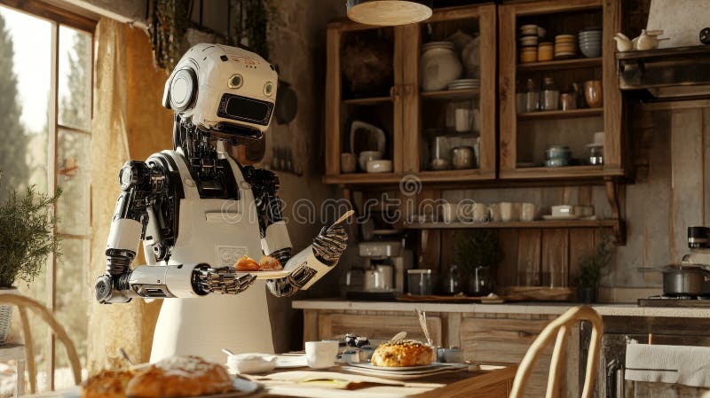 Robot Preparing Breakfast in Rustic Kitchen Stock Photo - Image of ...