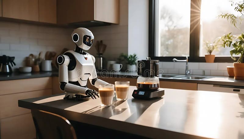 Robot Preparing Coffee at Kitchen Counter with Two Full Cups Stock ...