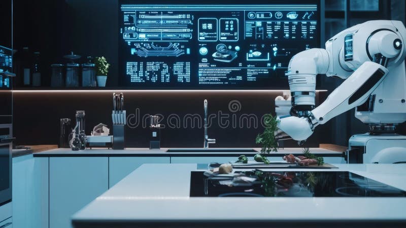 Robot Preparing Food Modern Kitchen Digital Interface Stock Photos ...