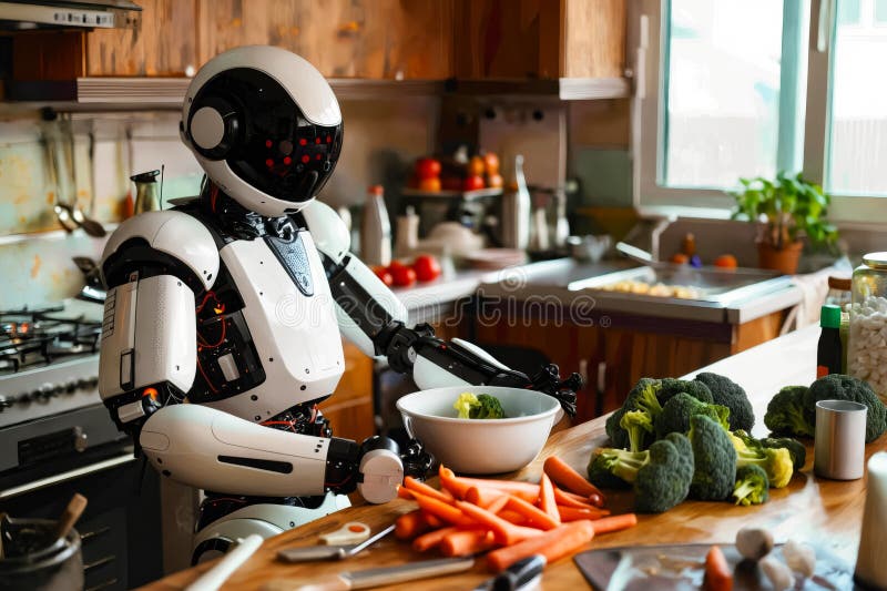 A Robot Preparing Food in a Kitchen with Vegetables on the Counter ...