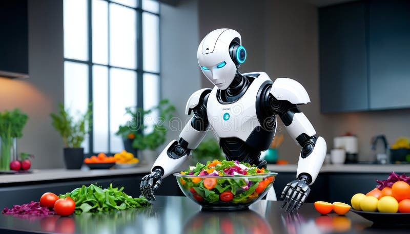 Robot Preparing Salad in Modern Kitchen Stock Illustration ...