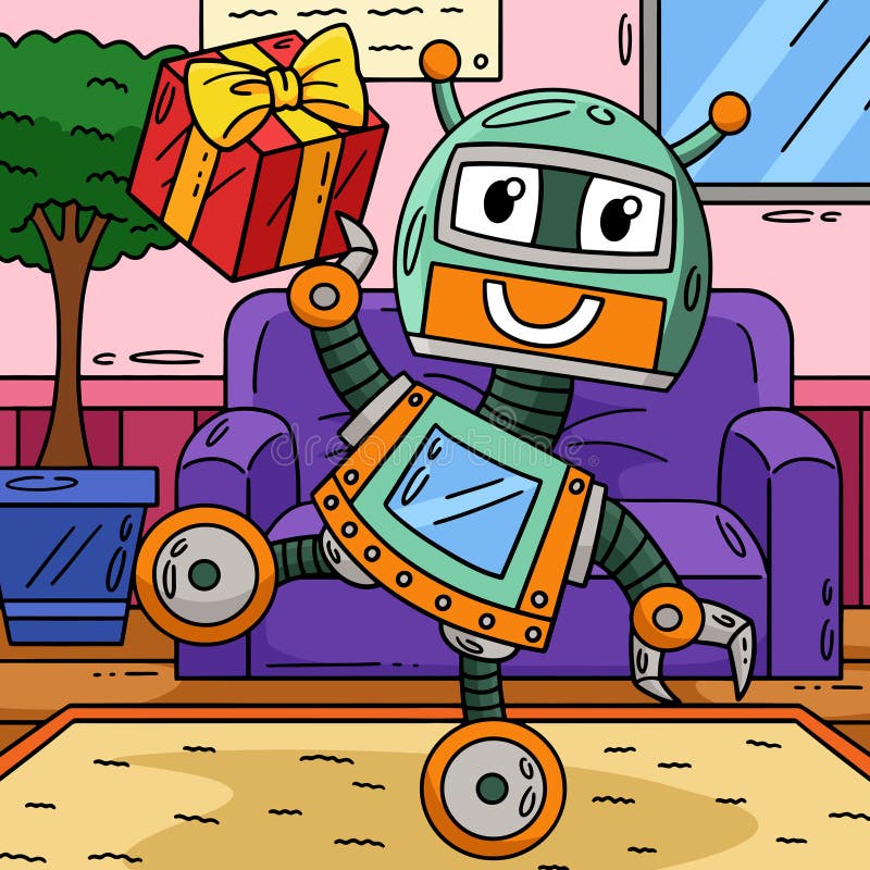 Robot with a Present Colored Cartoon Illustration Stock Vector ...