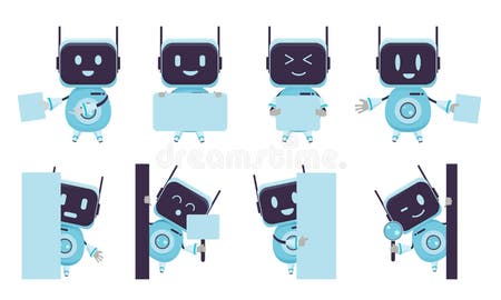 Robot Presentation Characters Vector Set. Robotic Chat Bot Character ...