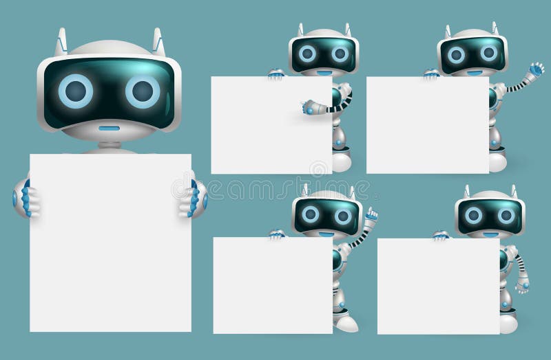 Robot Characters Presentation Vector Set Robots Character With Robotic Pose And Gestures