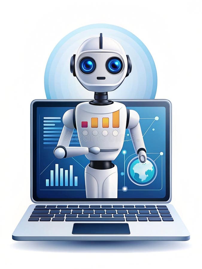 Robot Presenting Global Data on Laptop Screen Stock Photo - Image of ...
