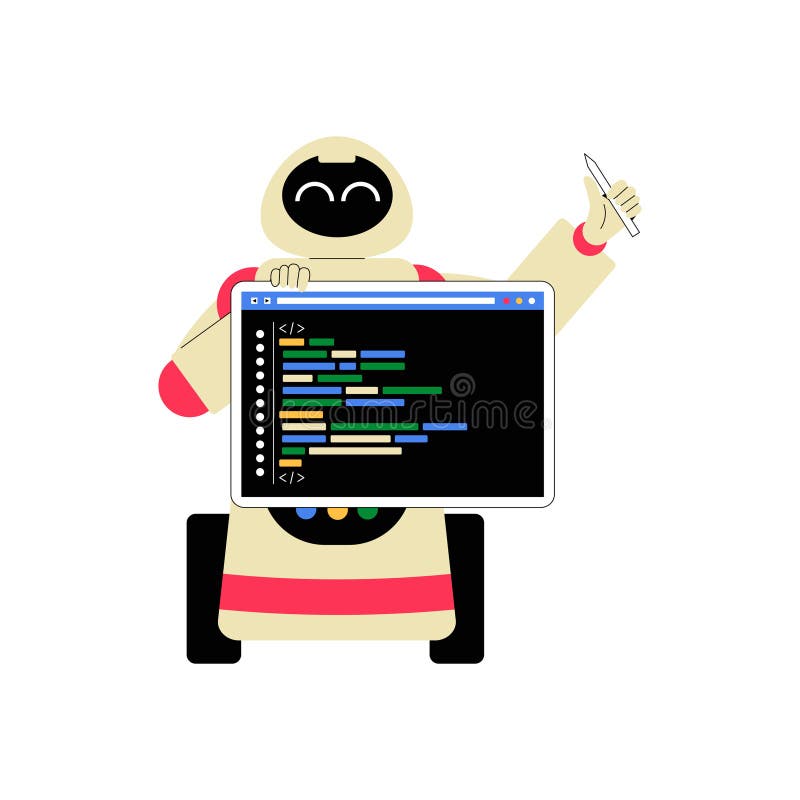 Coding Robot Holding Programming Screen in Flat Vector Illustration Symbolizing AI in ...