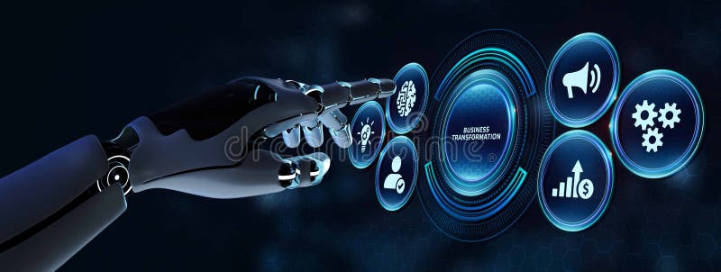 Robot Pressing Button Business Transformation on Virtual Screen. 3d ...