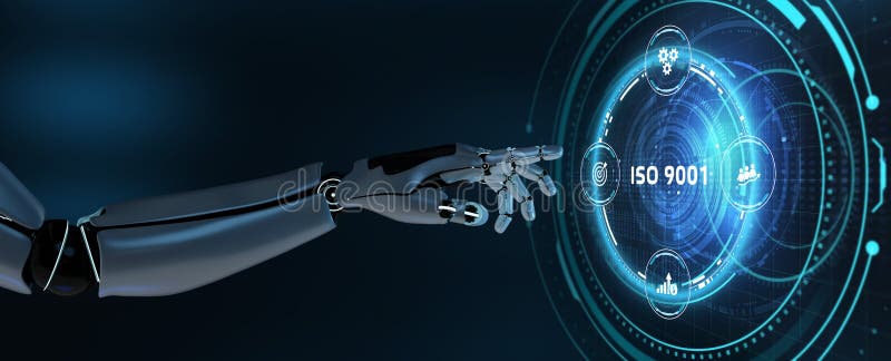 Robot Pressing Button ISO 9001 on Virtual Screen. 3d Render Stock ...