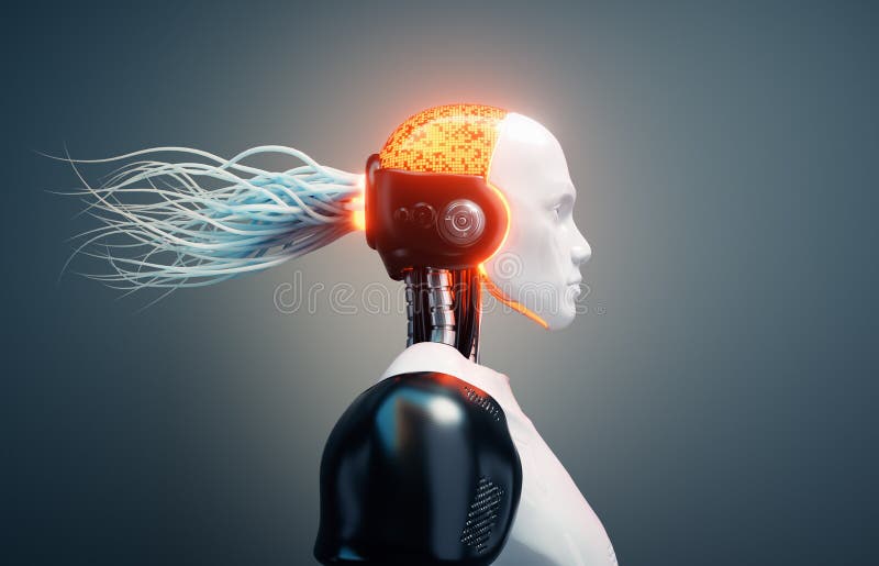 Robot Profile with Wires and Digital Brain. Artificial Intelligence and ...