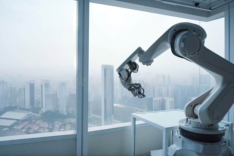 Robot Programer Testing The Simulation Of Robotic Arm With View Of Virtual Cityscape In The