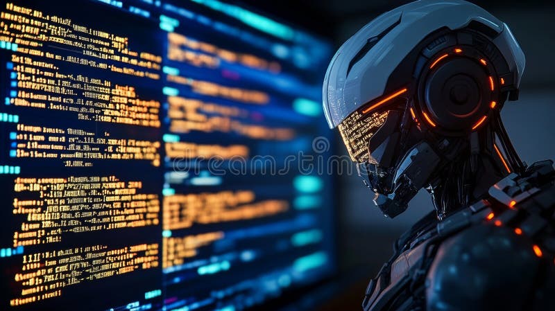 Robot Programmer Analyzing Code on a Futuristic Display Artificial Intelligence in Action Stock ...