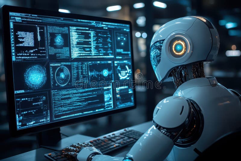 Robot Programmer Working on Computer Code Futuristic Technology Artificial Intelligence Stock ...