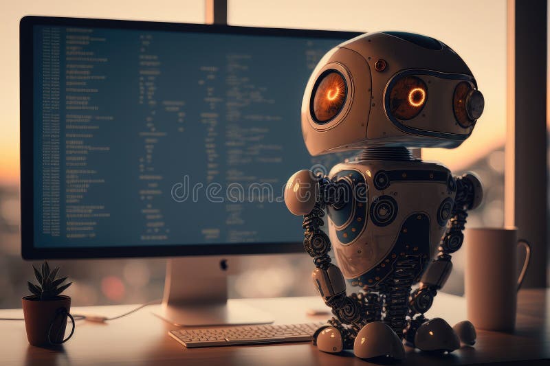 Robot, Programming a Chatbot, with View of Computer Screen Visible ...