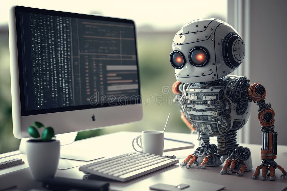 Robot, Programming a Chatbot, with View of Computer Screen Visible ...