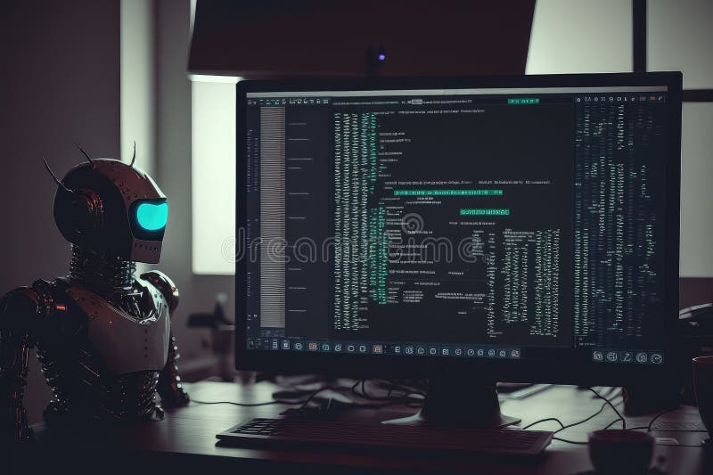 Robot, Programming a Chatbot, with View of Computer Screen Visible ...