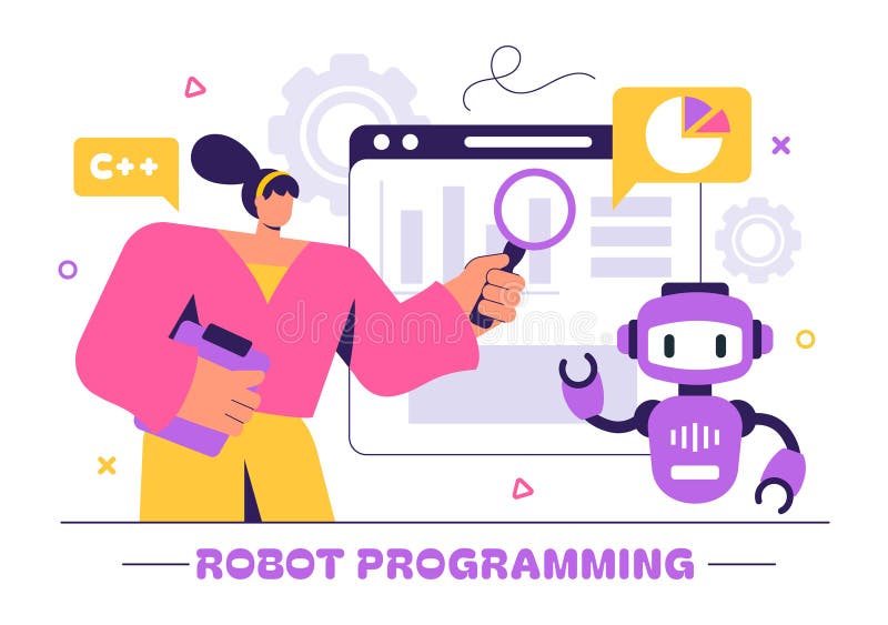 Robot Programming Vector Illustration Featuring an Artificial Intelligence Robot Interacting ...