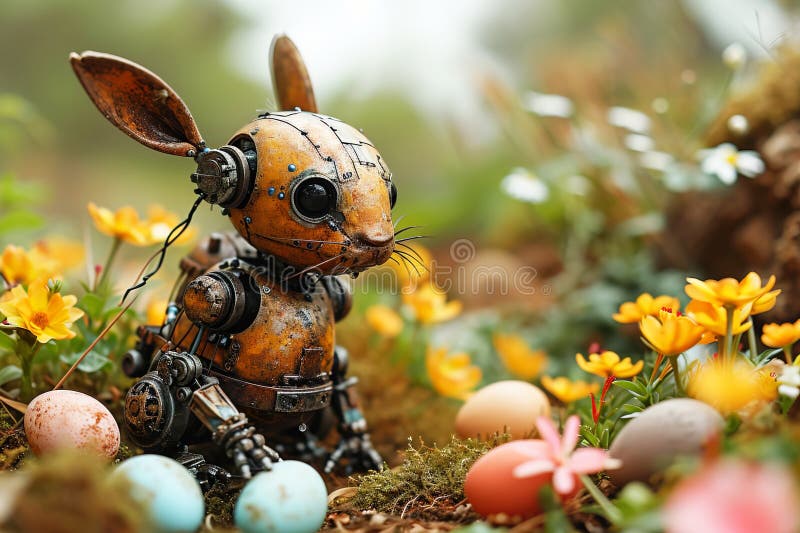 Robot Rabbit Exoskeleton Surrounded Colorful Chicken Eggs Flower Garden ...