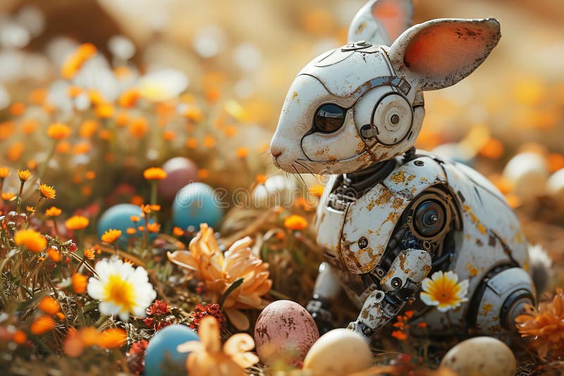 A Robot Rabbit Exoskeleton among Vibrant Flowers and Colorful Eggs ...