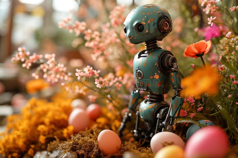 Robot Rabbit Exoskeleton among Vivid Flowers and Colorful Eggs for a ...