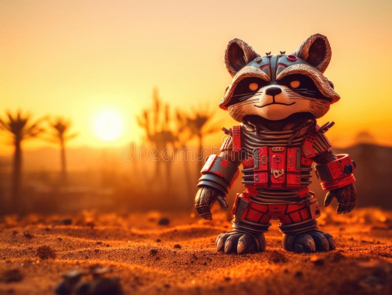 Robot Raccoon in the Form of a Samurai Against the Backdrop of Sunset ...