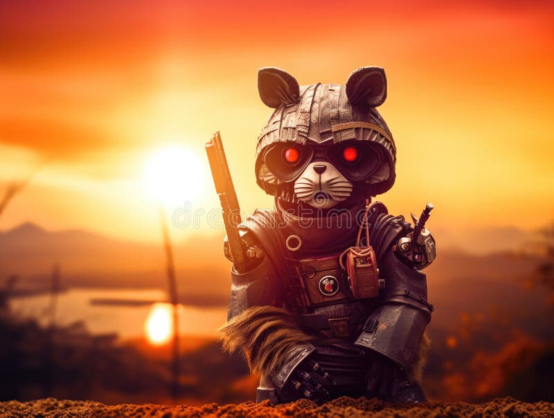Robot Raccoon in the Form of a Samurai Against the Backdrop of Sunset ...