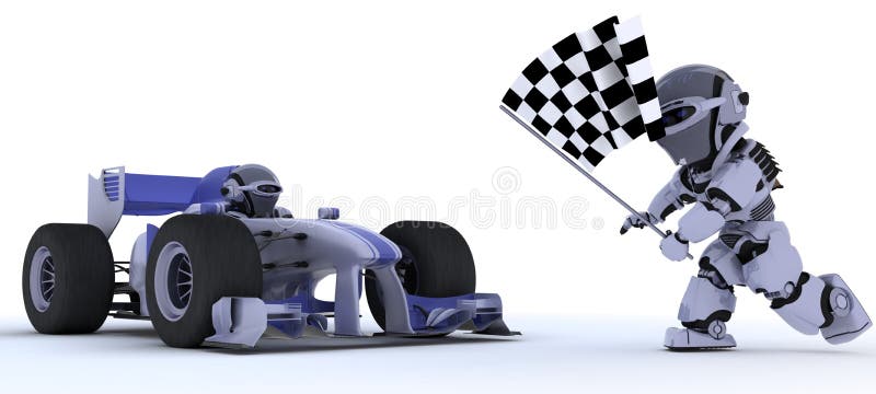 Robot in Race Car Winning at Chequered Flag Stock Illustration ...