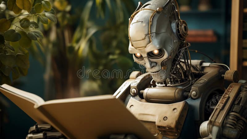 A Robot Reading a Book. Concept of Modern Technologies and Artificial ...