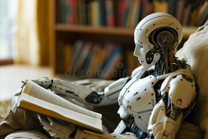 A Robot Reading a Book on a Couch Stock Image - Image of information ...
