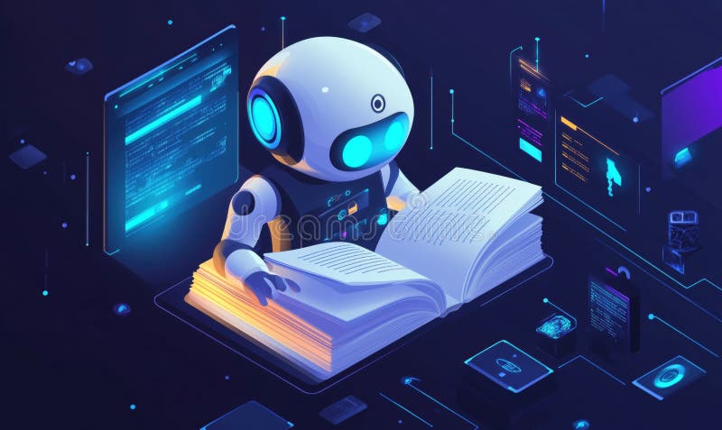 Robot Reading Book in Digital Environment, Showcasing Advanced ...