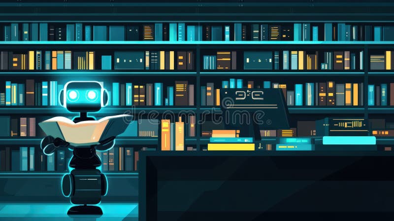 Robot Reading Book in a Futuristic Library Stock Photo - Image of ...