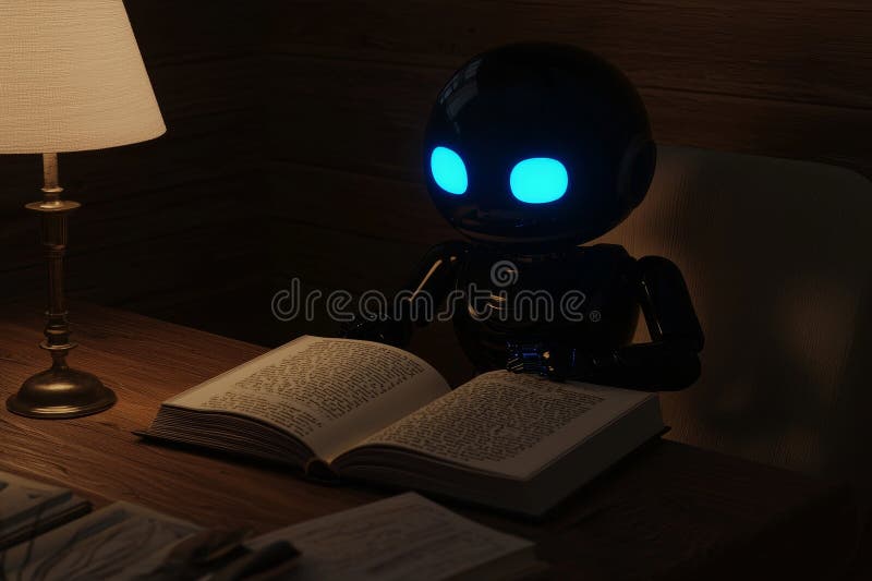 Robot Reading a Book, Generative AI Technology, Cartoon Style, Android ...