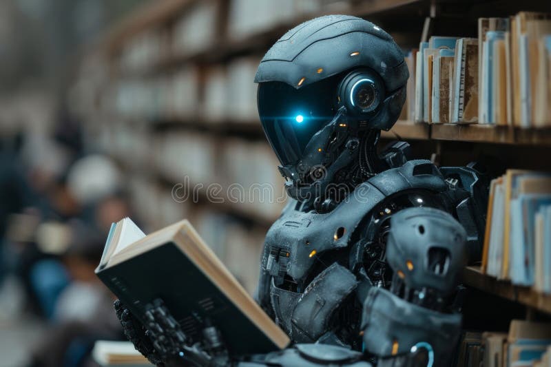 Robot Reading Book in Library Stock Image - Image of character, space ...