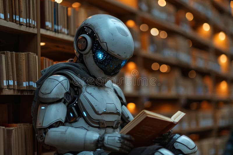 Robot Reading Book in Library Stock Photo - Image of education ...