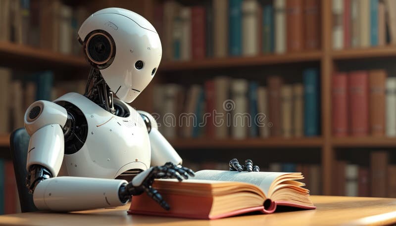 Robot Reading Book Library. AI Android Studies Book, Knowledge ...