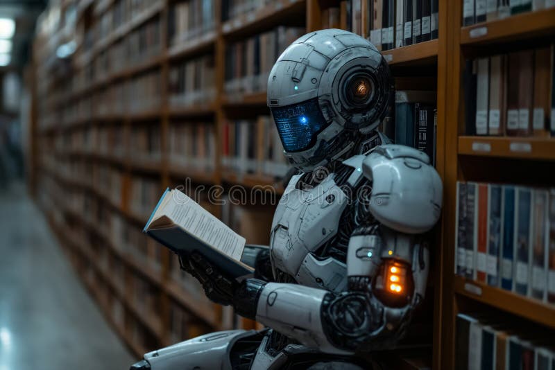 Robot Reading Book in Library Stock Image - Image of concept, character ...