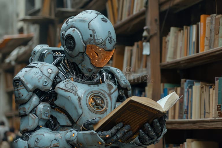 Robot Reading Book in Library. Artificial Intelligence Learning in a ...