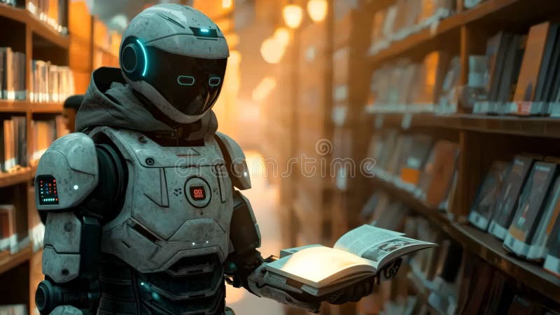 Robot Reading Book in Library during Evening Study Hours. Stock Footage ...