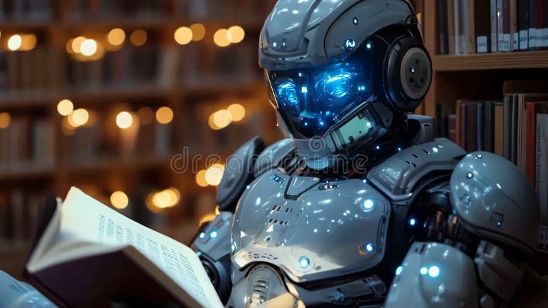 A Robot Reading a Book. Concept of Modern Technologies and Artificial ...