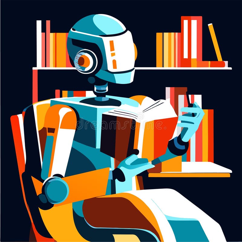Robot Reading a Book in Library. Vector Illustration in Flat Style AI ... Robot Reading a Book in Library. Vector Illustration in Flat Style AI ...