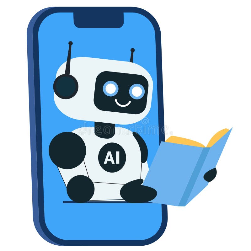 Robot Reading Book from Mobile Phone Stock Vector - Illustration of ...