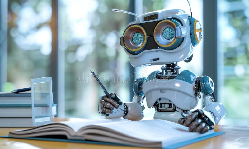 Robot Reading a Book with Notebook and Pen in the Office. Artificial ...