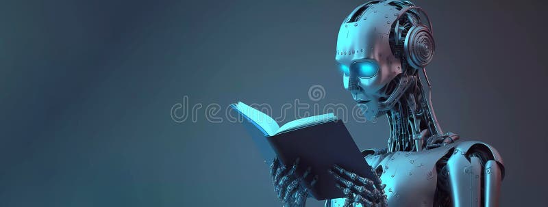 Robot Reading a Book. Robotic Cyborg Pressing. Banner. Place for Text ...
