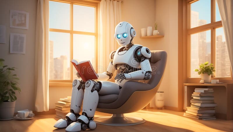 Robot Reading a Book in the Room Education Stock Illustration ...