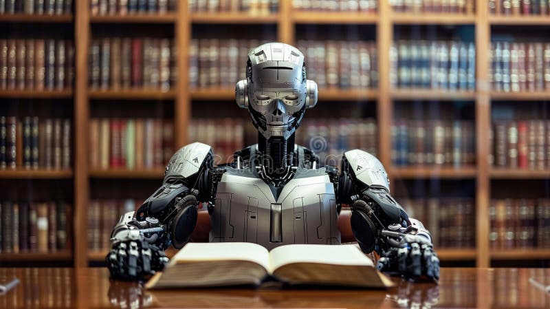 Robot Reading in Library stock photo. Image of learn - 316591976